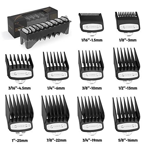 Yinke Clipper Guards Professional for Wahl Clippers Trimmers with Metal Clip and Organizer-10 Cutting Lengths from 1/16”to 1”(1.5-25mm) Fits Most Size Wahl Include Premium Holder Stand (10 Pack)