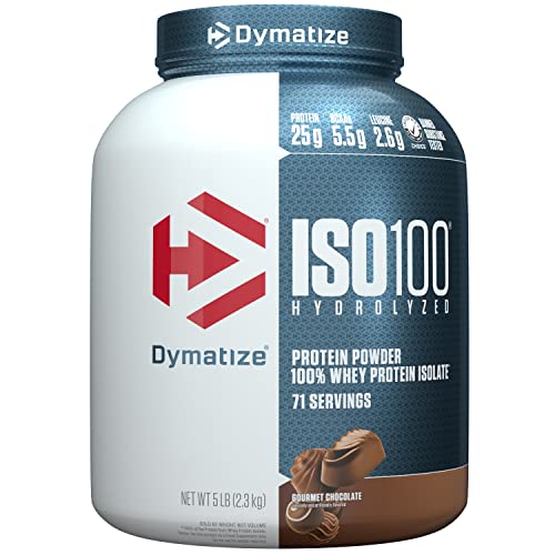 Dymatize ISO100 Hydrolyzed Protein Powder, 100% Whey Isolate Protein, 25g of Protein, 5.5g BCAAs, Gluten Free, Fast Absorbing, Easy Digesting, Gourmet Chocolate, 5 Pound