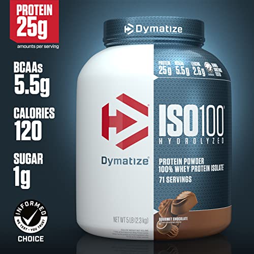 Dymatize ISO100 Hydrolyzed Protein Powder, 100% Whey Isolate Protein, 25g of Protein, 5.5g BCAAs, Gluten Free, Fast Absorbing, Easy Digesting, Gourmet Chocolate, 5 Pound