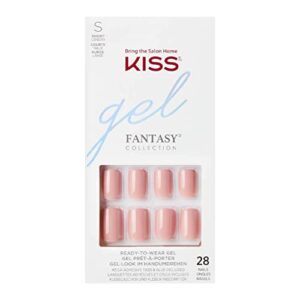 kiss gel fantasy ready-to-wear press-on gel nails, “ribbons”, short, pink, nail kit with 24 mega adhesive tabs, pink gel glue, manicure stick, mini file, and 28 fake nails