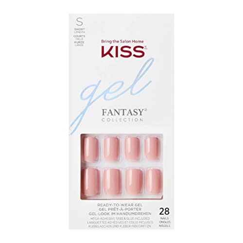 KISS Gel Fantasy Ready-to-Wear Press-On Gel Nails, “Ribbons”, Short, Pink, Nail Kit with 24 Mega Adhesive Tabs, Pink Gel Glue, Manicure Stick, Mini File, and 28 Fake Nails