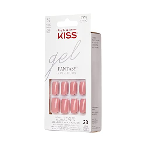 KISS Gel Fantasy Ready-to-Wear Press-On Gel Nails, “Ribbons”, Short, Pink, Nail Kit with 24 Mega Adhesive Tabs, Pink Gel Glue, Manicure Stick, Mini File, and 28 Fake Nails