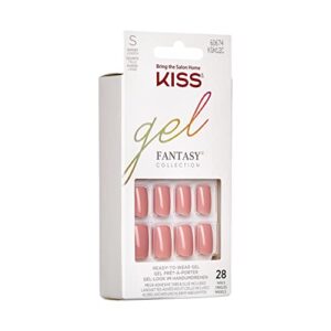 KISS Gel Fantasy Ready-to-Wear Press-On Gel Nails, “Ribbons”, Short, Pink, Nail Kit with 24 Mega Adhesive Tabs, Pink Gel Glue, Manicure Stick, Mini File, and 28 Fake Nails