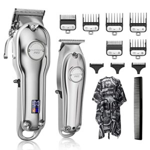 suprent® professional hair clippers for men, hair cutting kit & zero gap t-blade trimmer combo, cordless barber clipper set with led display for mens gifts (silver)