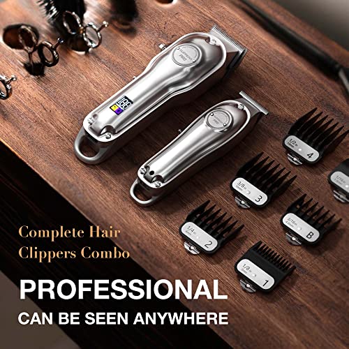 SUPRENT® Professional Hair Clippers for Men, Hair Cutting Kit & Zero Gap T-Blade Trimmer Combo, Cordless Barber Clipper Set with LED Display for Mens Gifts (Silver)