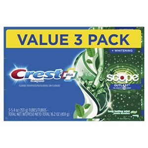 crest complete whitening + scope, long lasting mint toothpaste, triple pack (3 count of 5.4 oz tubes), 16.2 oz