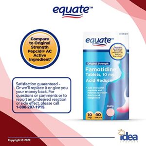 Equate Famotidine Tablets, 10 mg, Original Strength, Acid Reducer for Heartburn Relief, 90 Ct Bundle with Exclusive "Say "NO" to Indigestion and Heartburn" - Better Idea Guide (2 Items)