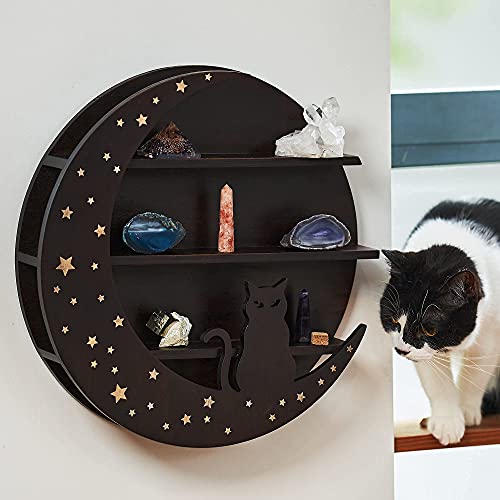 HOP SKIP Cat Moon Shelf - Crystal Display Shelf - 15.75” x 2.76” - Cat Moon Trinket Shelf - Pine Floating Shelves - Cat Gifts for Cat Lovers - Wiccan Décor