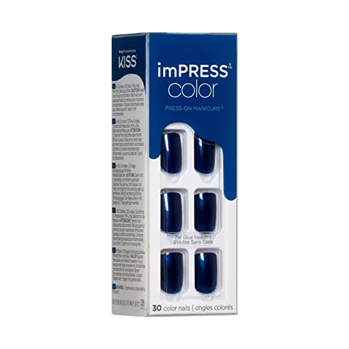 KISS imPRESS Color Press-On Nails, Nail Kit, PureFit Technology, Short Length, “Never Too Navy”, Polish-Free Solid Color Manicure, Includes Prep Pad, Mini Nail File, Cuticle Stick, and 30 Fake Nails