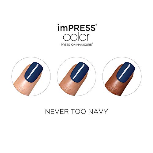 KISS imPRESS Color Press-On Nails, Nail Kit, PureFit Technology, Short Length, “Never Too Navy”, Polish-Free Solid Color Manicure, Includes Prep Pad, Mini Nail File, Cuticle Stick, and 30 Fake Nails