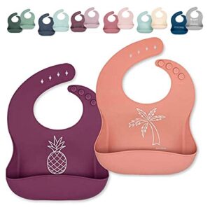 ava + oliver silicone bib set – adjustable waterproof bibs – set of 2 (peach/purple)