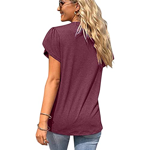 Blouses for Women Plus Size,Women Casual V Neck Pringting Soft T Shirt Flowy Pleated Tunic Button Casual Shirt Summer Short Short Sleeve Puff Top