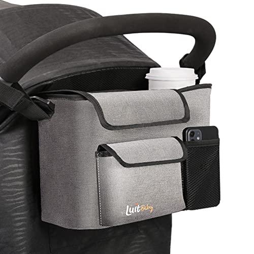 LuitBaby Large Universal Stroller Organizer Bag with Insulated Stroller Cup and Phone Holder | Stroller Accessories Organizer and Waterproof Bottle Holder and Shoulder Strap (Grey)