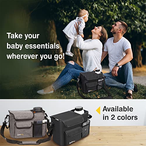 LuitBaby Large Universal Stroller Organizer Bag with Insulated Stroller Cup and Phone Holder | Stroller Accessories Organizer and Waterproof Bottle Holder and Shoulder Strap (Grey)