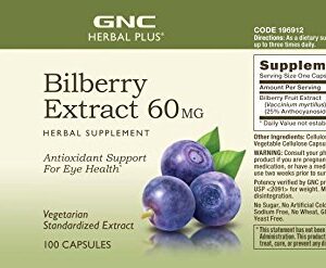 GNC Herbal Plus Bilberry Extract 60mg, 100 Capsules, Supports Eye Health