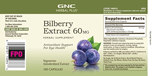 GNC Herbal Plus Bilberry Extract 60mg, 100 Capsules, Supports Eye Health