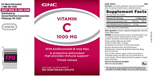 GNC Vitamin C 1000 with Bioflavonoids and Rose Hips Timed Release 180 Tablets