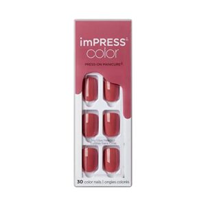 kiss impress color polish-free solid color press-on nails, purefit technology, short length, platonic pink’, includes prep pad, mini nail file, cuticle stick and 30 fake nails