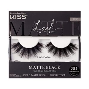 kiss lash couture matte black faux mink collection, false eyelashes 1-pack, soft real mink texture & matte finish, high impact color, 3d volume, knot-free lash band, reusable, matte velvet, 1 pair