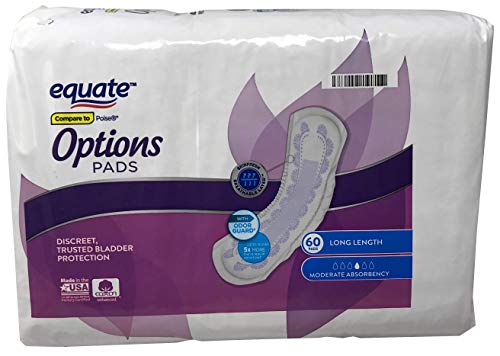 Equate Options Moderate Absorbency Long Length Incontinence Pads, 60 Count