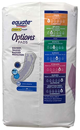 Equate Options Moderate Absorbency Long Length Incontinence Pads, 60 Count