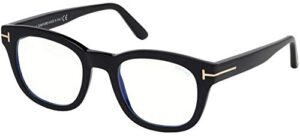 tom ford frame (tf-5542-b 001), shiny black, shiny rose gold “t” logo / blue bloc, 50/22/146