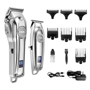 kbds professional hair clippers for men, cordless clippers and t-blade hair trimmer barber kit with stainless steel blades and led display usb rechargeable for family and salon