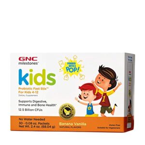 gnc milestones kids probiotic fast stix for kids 4-12 – banana vanilla, 30 packets, supports digestive health with 12.5 billion cfus