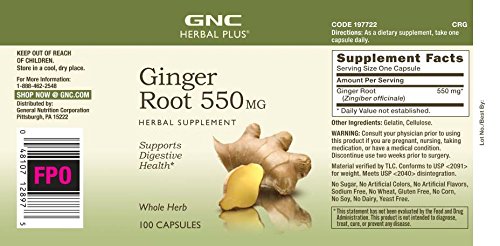 GNC Herbal Plus Ginger Root 550mg, 100 Capsules, Supports Digestive Health