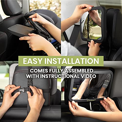 Large Shatterproof Baby Car Mirror - Safety Baby Car Seat Mirror - Baby Car Mirror for Back Seat Rear Facing Infant - Carseat Mirrors - Fully Assembled Baby Mirror For Car (Matte Black)