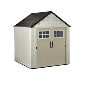 rubbermaid resin weather resistant outdoor storage shed, 7 x 7 ft. , faint maple/onyx/sandstone, for garden/backyard/home/pool