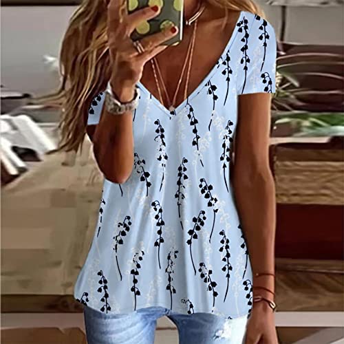 Womens 2023 Summer Fashion Tops Dressy Casual Crewneck Sweatshirt Striped Clothes Short Sleeve Loose Pullover Shirts Summer Top for Women 2023 Sky Blue