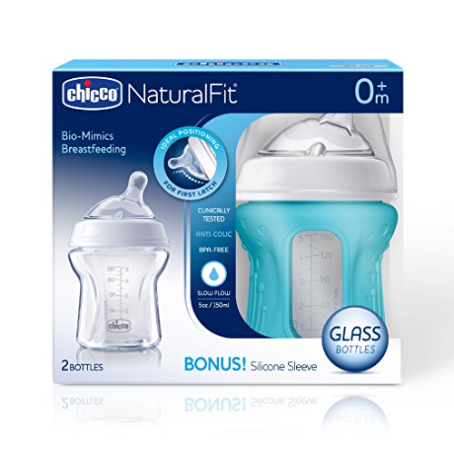 Chicco NaturalFit Glass Baby Bottle 2 Pack, 0m+ Slow Flow, with Bonus Silicone Sleeve