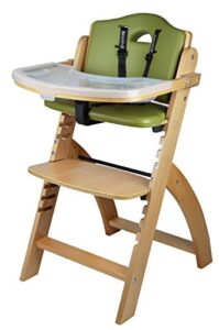 abiie beyond wooden high chair with tray. the perfect adjustable baby highchair solution for your babies and toddlers or as a dining chair. (6 months up to 250 lb) (natural wood – olive cushion)