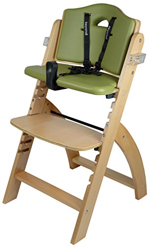 Abiie Beyond Wooden High Chair with Tray. The Perfect Adjustable Baby Highchair Solution for Your Babies and Toddlers or as a Dining Chair. (6 Months up to 250 Lb) (Natural Wood - Olive Cushion)