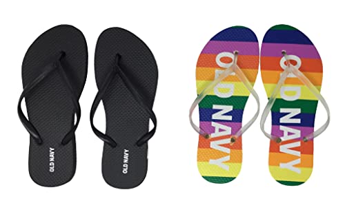 Old Navy Women Beach Summer Casual Flip Flop Sandals (10 Rainbow Stripe Logo & Black Flip Flops) with Dust Cover