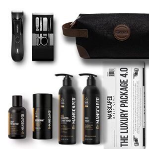 manscaped® the luxury package 4.0 includes: the lawn mower™ 4.0 electric trimmer, the shears 2.0 nail kit, crop preserver™, deodorant, body wash, 2-in-1 shampoo & conditioner, the shed toiletry bag