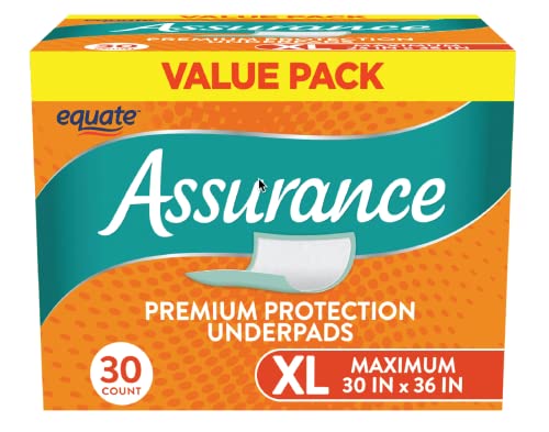 Equate Assurance Unisex Premium Quilted Underpad - Incontinence Pads - Absorbent Protective Bed Pads - Bed Covers for Kids, Adults, Elderly - Maximum Absorbency, XL, 30 Count