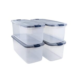 rubbermaid roughneck clear 95 qt/23.75 gal storage containers, pack of 4 with latching grey lids, visible base, sturdy and stackable, great for storage and organization