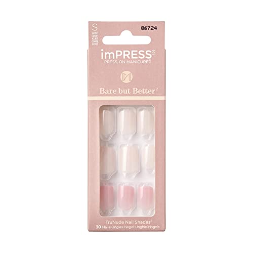 KISS imPRESS Press-On Nails Bare But Better Manicure Set, Nude False Nails , 'Effortless Finish', 30 Chip-Proof Fake Nails