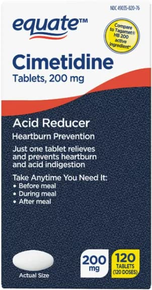 Equate Cimetidine Tablets 200 mg - Over-The-Counter Acid Reducer - Heartburn Relief - Stomach Acidity Reducer - Acid Indigestion, Sour Stomach, Upset Stomach Comfort - 120 Tablets ((Pack of 1), 120)