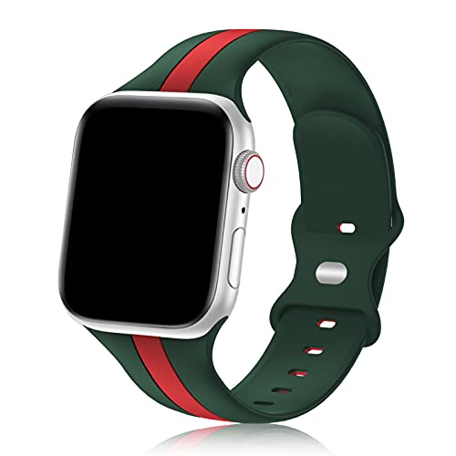 Designer Sport Band Compatible with Apple Watch iWatch Bands 40mm 38mm 41mm Men Women, Soft Silicone Strap Wristbands for Apple Watch Series 8/7/6/5/4/3/2/1/SE/Ultra [Army Green Red,38mm 40mm 41mm]