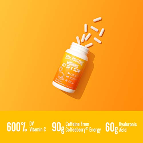 Vital Proteins Morning Get Up and Glow Capsules, 90mg Caffeine for Energy & Vitamin C & Biotin & Hyaluronic Acid Pills - 60ct