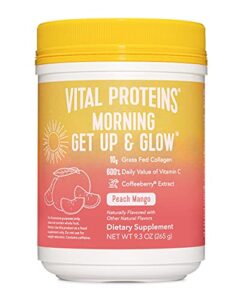 vital proteins morning get up and glow collagen peptides powder supplement, 90mg caffeine for energy & vitamin c & biotin & hyaluronic acid – 9.3oz