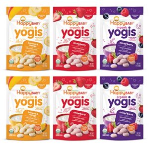 happy baby organics yogis freeze-dried yogurt & fruit snacks, variety pack, 1 ounce (pack of 6)