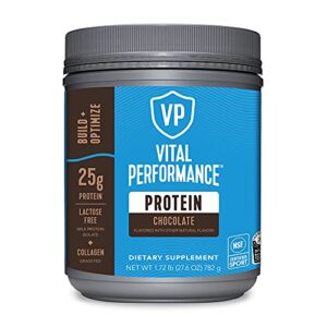 vital performance protein powder, 25g lactose-free milk protein isolate powder, nsf for sport certified, 10g grass-fed collagen peptides, 8g eaas, 5g bcaas, gluten-free – chocolate, 1.72lb