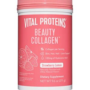 Vital Proteins Beauty Collagen Peptides Powder Supplement for Women, 120mg of Hyaluronic Acid - 15g of Collagen Per Serving - Enhance Skin Elasticity and Hydration - Strawberry Lemon - 9.6oz Canister