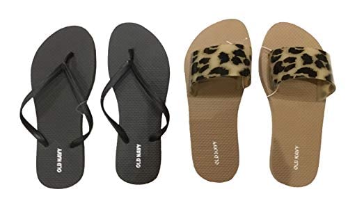 Old Navy Women Beach Summer Casual Flip Flop Sandals (6 Leopard 2 Slide & Black Flip Flops)