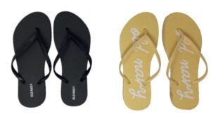 old navy women beach summer casual flip flop sandals (7 yellow script logo & black flip flops) with dust cover