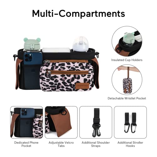 Momcozy Universal Baby Stroller Organizer, 2 Insulated Cup Holder, Detachable Zippered Pocket, Adjustable Shoulder Strap, Large capacity for baby essentials, Compact Design Fits Any Strollers